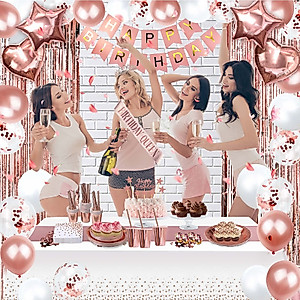 Party spot! 253 Pcs Birthday Decorations For Women, Rose Gold Party Decorations, Happy Birthday Decorations - Balloon Stand Kit, Tableware Kit,Pump, Banner, Tassel Curtain,Balloon, For 25 Guests