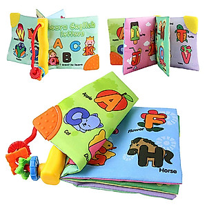 Hapavis Teething Cloth Books Soft Activity Crinkle Baby Books Toys for Early Education for Babies Teether Ring Letters