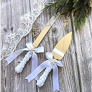 Abbie Home Wedding Cake Knife and Server Set - Flower Wrapped Handle with Silk Bow and Rhinestone Jewelry Décor (Starfish)