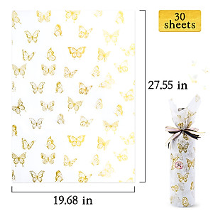 MR FIVE White with Metallic Gold Butterfly Tissue Paper Bulk,20" x 28",Gold Butterfly Design Tissue Paper for Gift Bags,Gold Gift Wrapping Tissue Paper,30 Sheets
