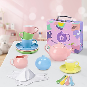 Porcelain Tea Party Set for Little Girls, 22 Pcs Princess Tea Time Toy Including Teapot,Saucers,Teacups,Sugar Bowl,Creamer Pitcher,Spoons & Tablecloth, Kids Kitchen Pretend Play for Girls Boys