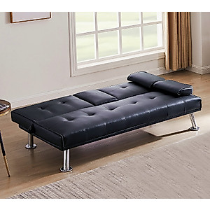 hansones Futon Sofa Bed Modern Linen Fabric Couch Bed Loveseat Convertible Daybed with 2 Cup Holders and Removable Armrests for for Compact Living Space Apartment Dorm Office (Black)