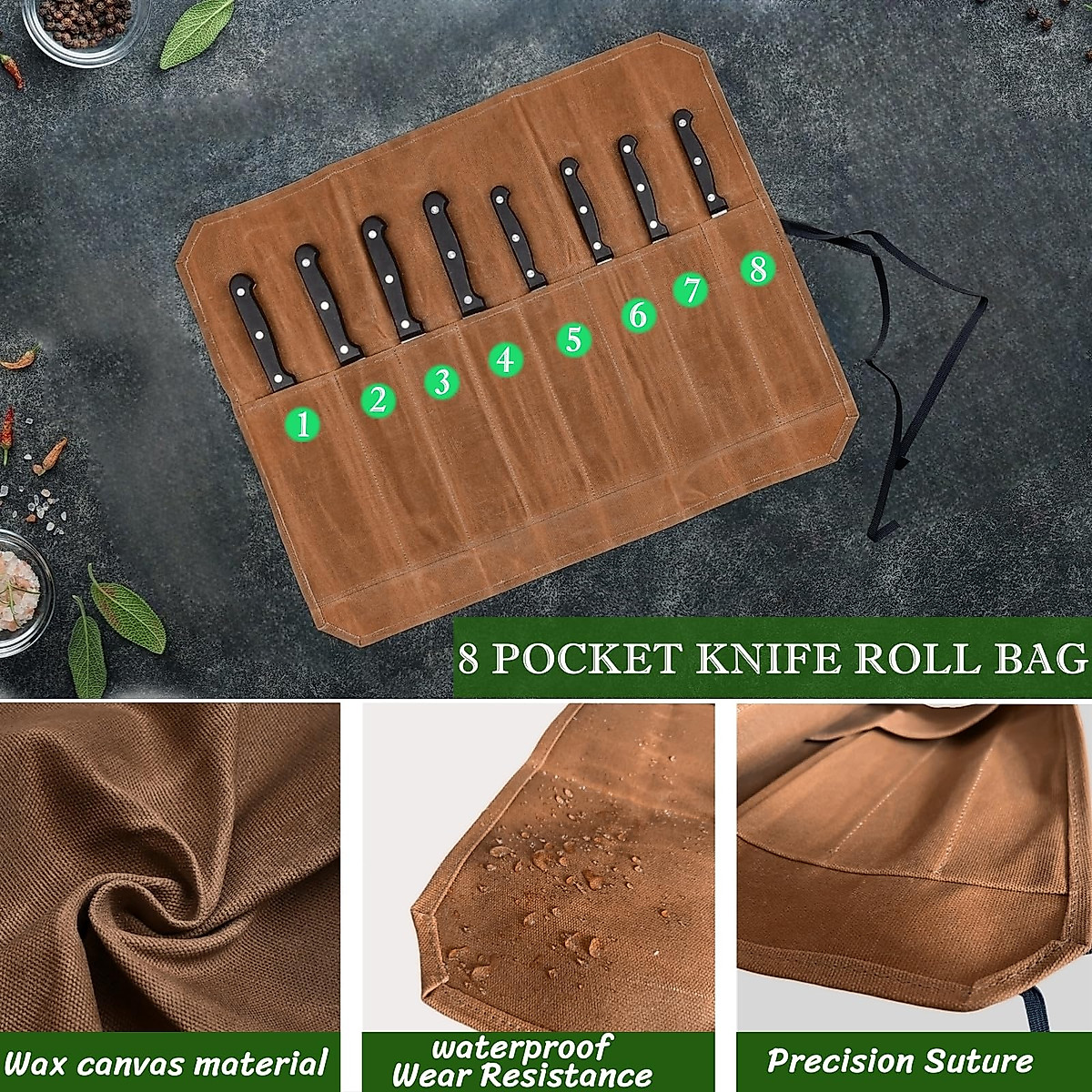 BLIRITEL Knife Roll, Waxed Canvas Chef Knife Roll Bag, 8 Knife Slots for Cutlery Knives, Portable Knife Bag Knives Pouch Holder protectors with 8 PCS Knife Sheath for Kitchen Travel Camping