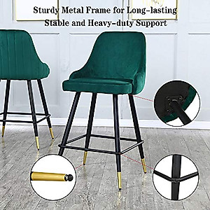 Velvet Counter Stools Set of 2 - Upholstery Barstools Bar Stools Counter Height Stools for Kitchen Island, Modern Bar Chairs Dining Chairs with Back and Arm, Pack of 2 Pieces (Green)