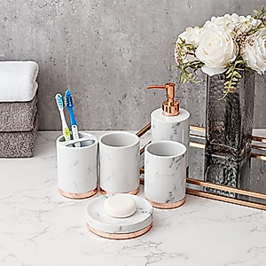 MyGift 5 Piece Modern White Ceramic Bathroom Accessory Set with Marbled Design and Rose Gold Accents, Includes Lotion Pump Dispenser, Toothbrush Holder, Tumbler and Soap Dish