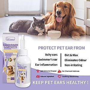 Dog Ear Cleaner, Dog Ear Cleaning Solution for Dog Ear Infection Treatment, Soothes Ear Inflammation, Itch Relief, Removes Wax, Odor, with 10 Cotton Swabs