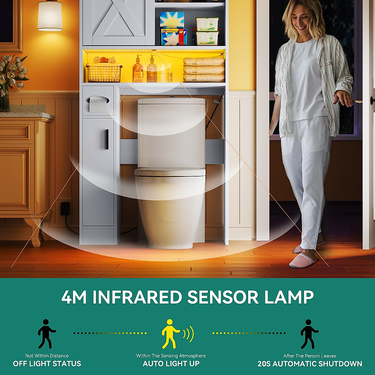 YITAHOME Over The Toilet Storage Cabinet, Farmhouse Storage Cabinet with Sliding Door, Infrared Sensor Light, Home Space-Saving Toilet Rack for Bathroom, Restroom, Laundry, White