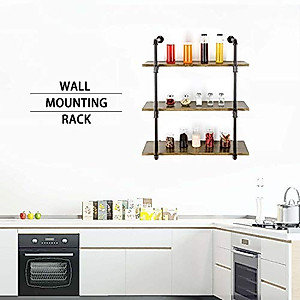YU YUSING 3 Tier Industrial Pipe Wall Shelf, Rustic Floating Bar Shelves, Wood and Metal Bookshelves for Bedrooms, Bathroom and Kitchens Shelving