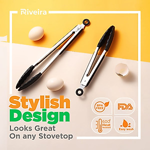 Riveira Tongs for Cooking with Silicone Tips | 9 and 12-Inch Pieces Set | Non-Stick Kitchen Grill Tongs | BBQ Grilling Tong | 550°F High Heat-Resistant Premium Silicone Tips | 304 Stainless Steel
