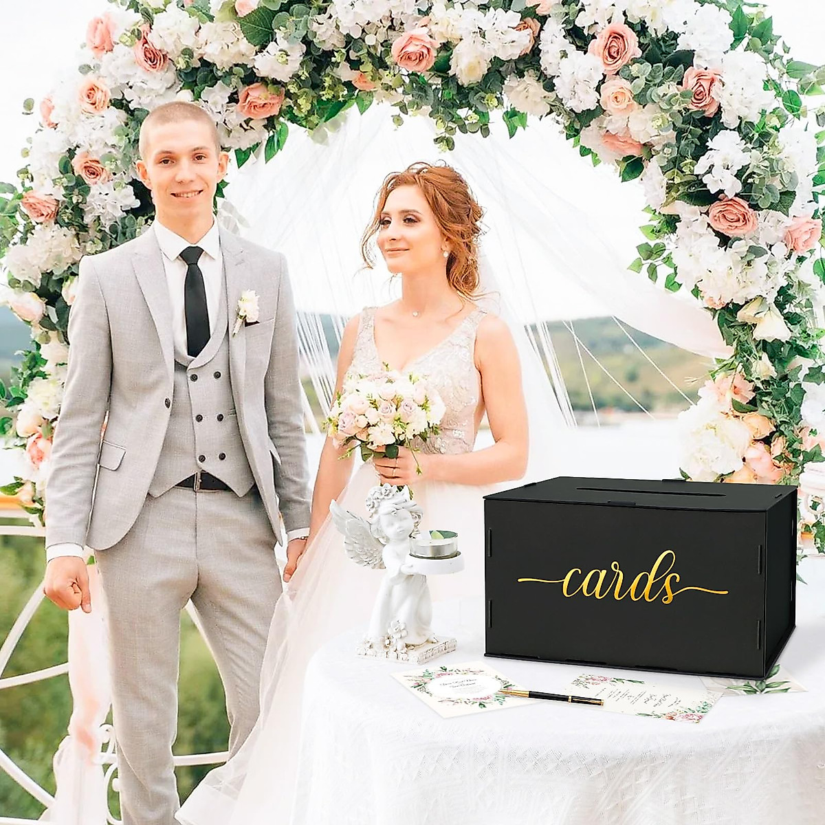 Mulbozy Black Card Box with Gold Foil Design, Wedding Card Box with Slot & Lid, Card & Money Receiving Box for Wedding Reception, Bridal & Baby Shower, Graduation