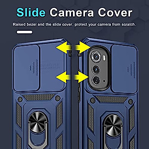 Motorola Moto Edge 2022 Case Built in Slide Camera Cover and Screen Protector [Not for Edge Plus],Heavy Duty Shockproof Full Body Phone Cover,Built in Finger Ring Stable Holder Kickstand,2022 Blue