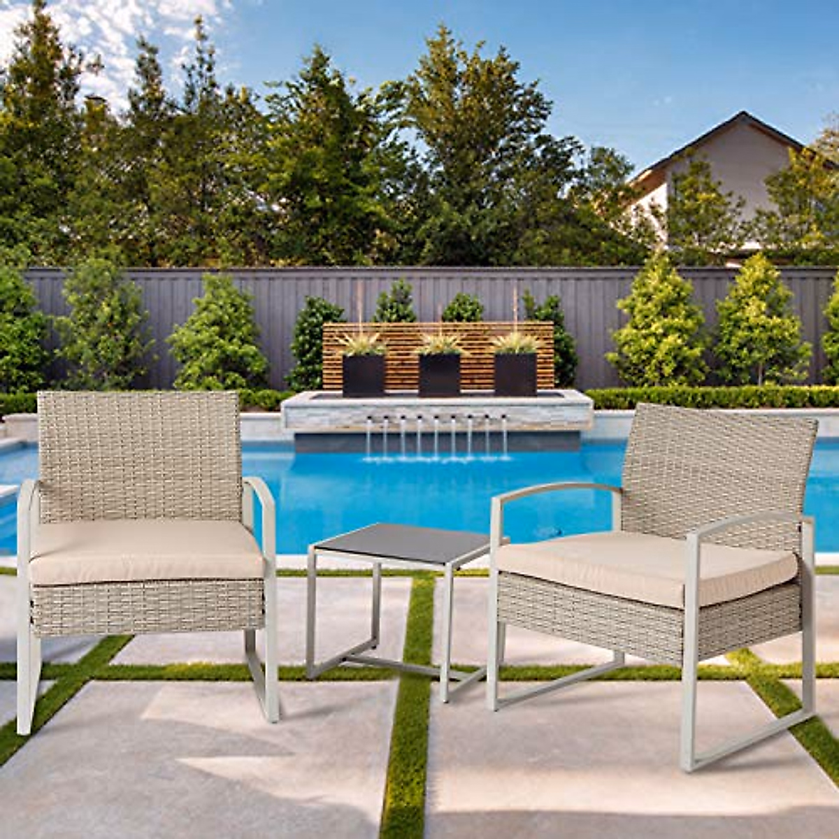 Aoxun 3 Pieces Patio Set Wicker Bistro Table Set, Outdoor Patio Furniture Conversation, Two Rattan Chairs with Glass Coffee Table for Terraces Poolsides and Cafes,Gray Beige