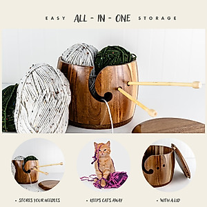 Tyck Design's Large Wooden Yarn Bowl with Lid - 9x7 Inch XL Acacia Wood Holder for Knitting, Crocheting & Macrame - Extra Big & Strong Yarn Storage