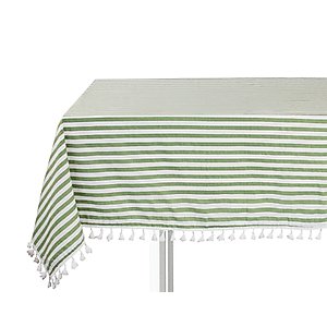 Fennco Styles Simply Striped Tassel Cotton Blend 55 x 55 Inch Tablecloth - Green Table Cover for Banquets, Holiday, Special Events, Outdoor and Home Décor