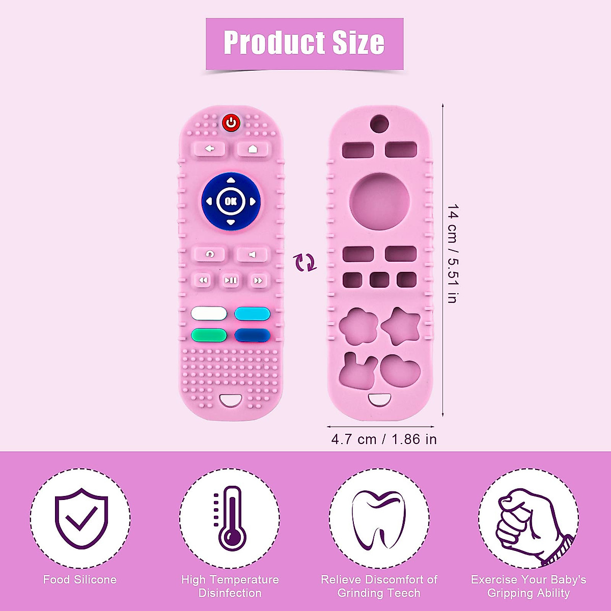 Silicone Baby Teething Toy Remote Control Shaped Baby Teether with a Cute Pacifier Clip Chain Soft Baby Chew Toys Early Sensory Education Molar Toy for Babies 3-18 Months (Pink)
