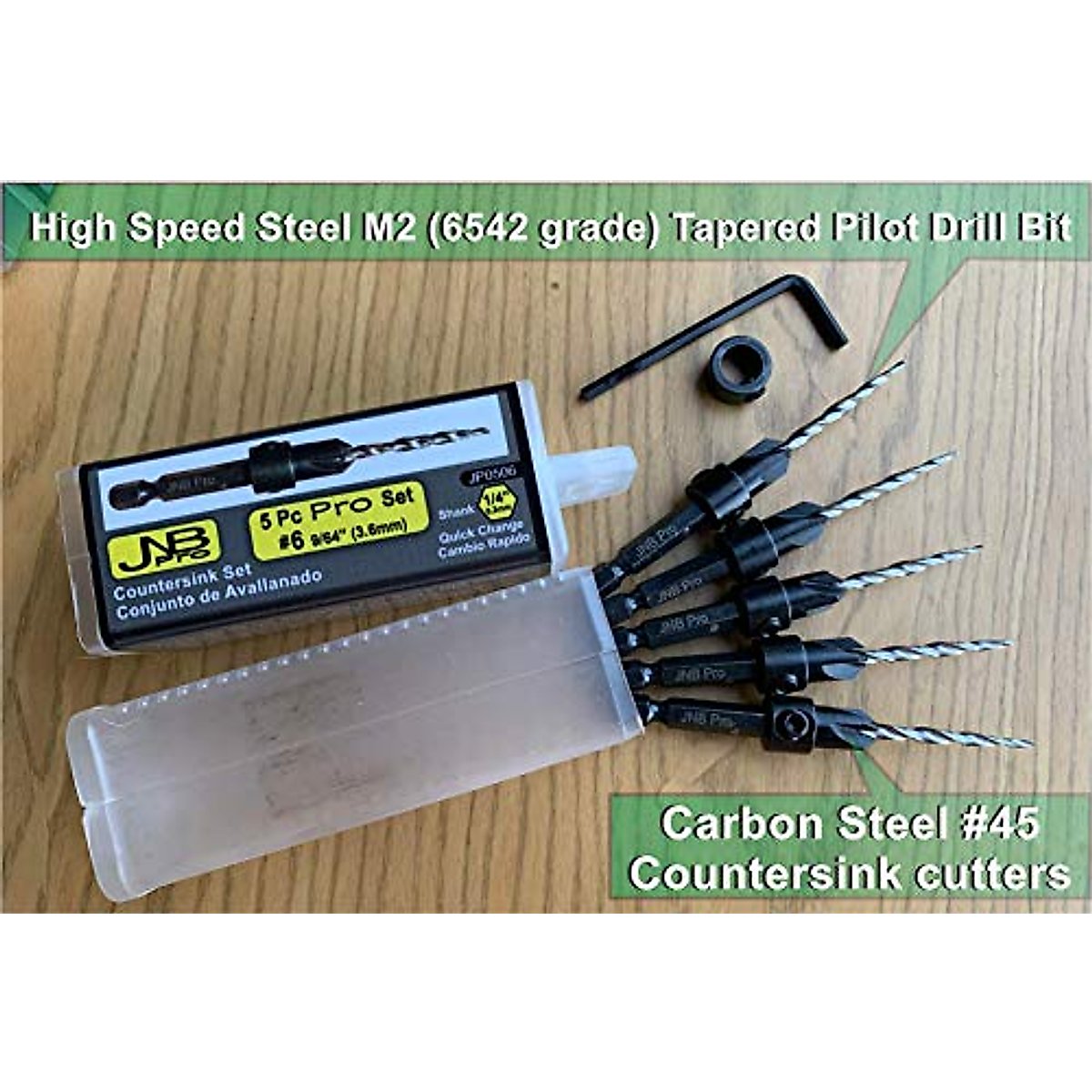 JNB Pro Wood Countersink Drill Bit Set JP0506, 5 Pc #6(9/64"), 2 Extra Bits 9/64 Tapered Drill Bit, 1 Adjustable Collar, 1 Wrench - 1/4" Quick Change Shank, Ideal Woodworking and Carpentry Tool Set