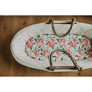 NODNAL CO. 3 Fitted Bassinet Sheets Set for Baby Girl - 100% OEKO-TEX Cotton Peonies & Roses - Pink Floral Boho Flowers - Cradle/Moses Basket, Hourglass, Oval, Rectangle Mattress Nursery Bedding Sheet