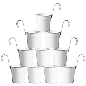 MorTime 10 Pack Metal Hanging Bucket Planter with Hook, 4 Inches Mini Round White Storage Basket for Plant Flower Pots Indoor Outdoor Home Garden Patio Lawn
