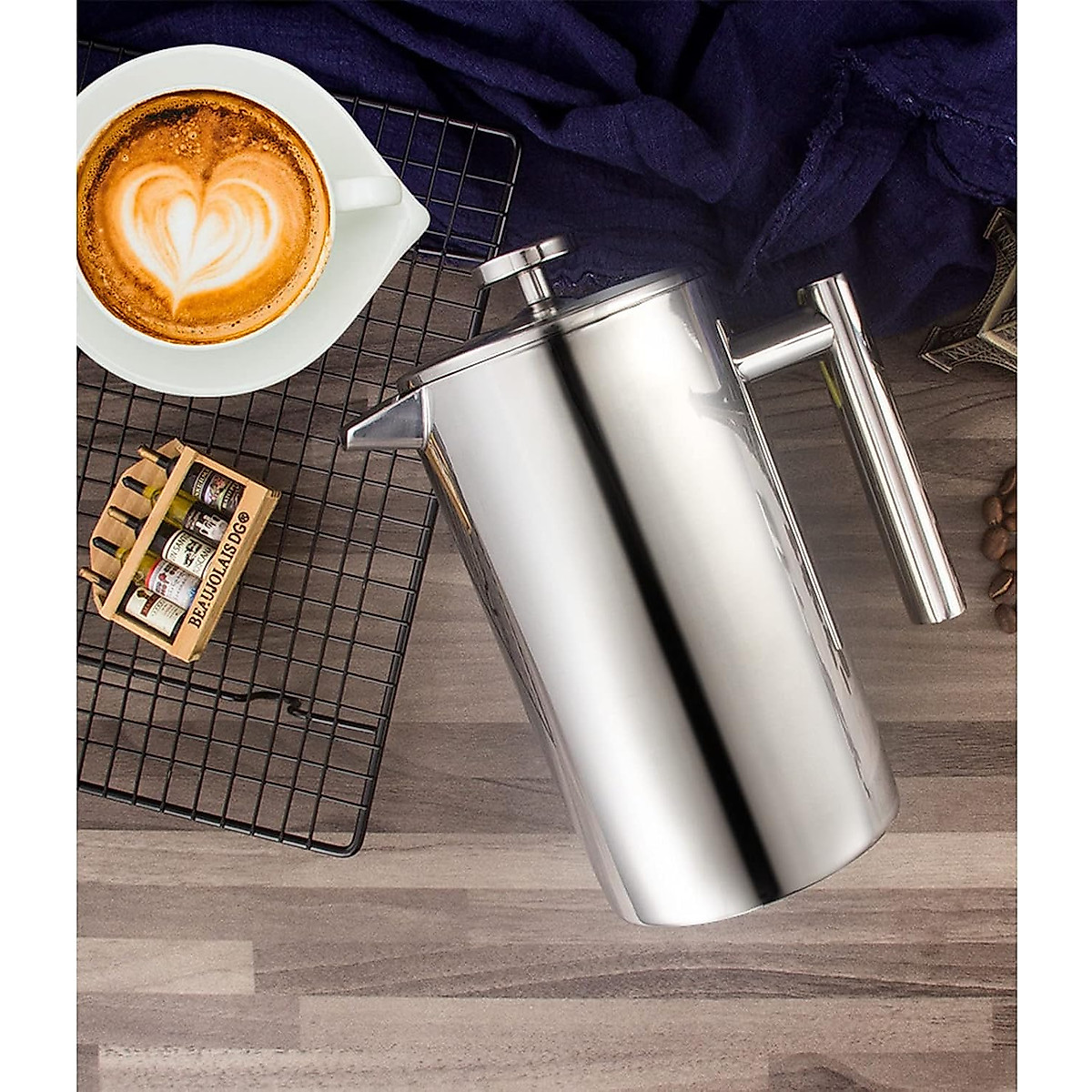 Miuly French Press Coffee Maker,21Oz Stainless Steel French Press with 3 Level Filtration System，Double Wall Insulated French Press with 4 Filters and 1 Metal Spoon