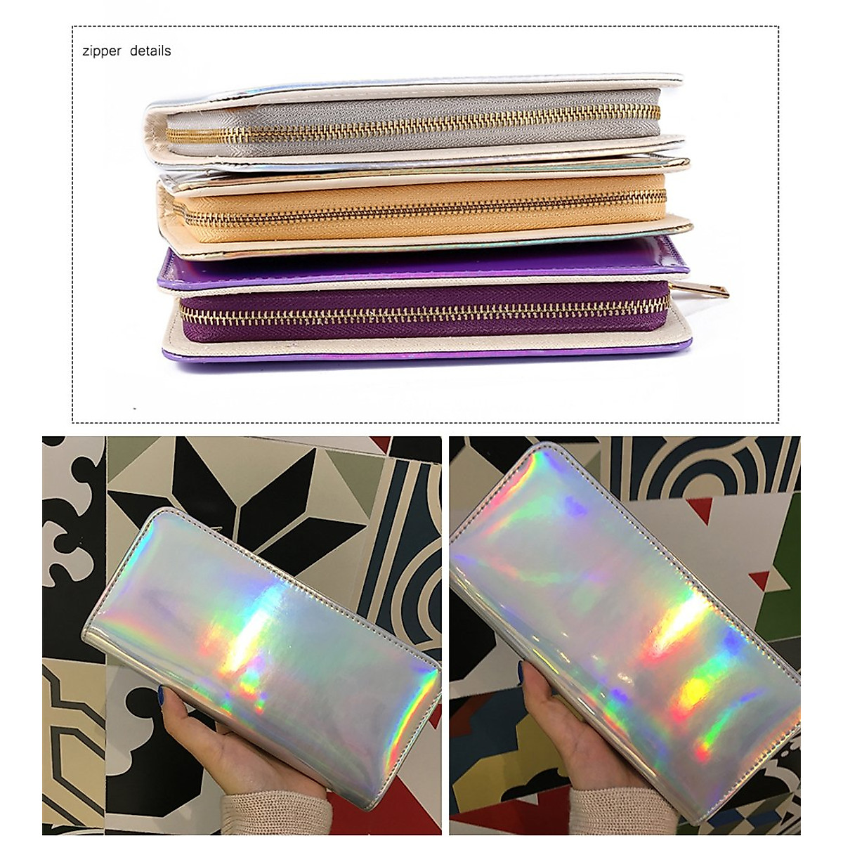 YAIRYANGTZE Hologram Slim PU Leather Wallet with Zipper Long Clutch Wallet Purse for Women (Silver)