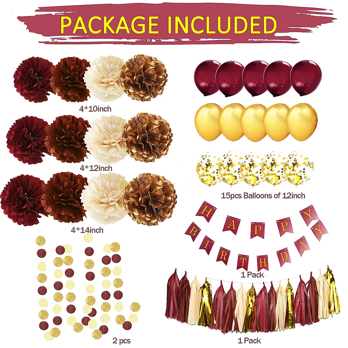 Burgundy Gold Birthday Party Decorations for Women/Fall Birthday Decor Happy Birthday Banner Maroon Gold Balloons Women Burgundy 30th/40th/50th Birthday Party Decorations