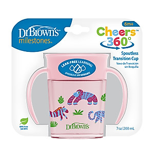 Dr. Brown's Milestones Cheers 360 Cup Spoutless Transition Cup with Handles for Easy Grip and Leak-Free Learning, Pink Safari, 7 oz/200 mL