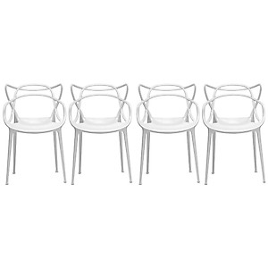2xhome Set of 4 White Stackable Contemporary Modern Designer Plastic Chairs with Arms Open Back Armchairs for Kitchen Dining Chair Outdoor Patio Bedroom Accent Patio Balcony Office Work Garden Home