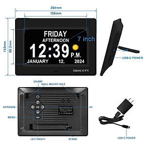 TROCOTN【Newest Dementia Clock Large Digital Clock for Seniors, Calendar Clock Large Display with custom Alarms,Wall Clock with Day & Date, Alarm Clock,Desk Clock (7 inch Black)