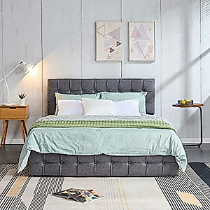 Oudiec Modern Upholstered Queen Size Bed Frame with Adjustable Headboard,Heavy Duty Button Tufted Bed Frame with Wood Slat Support for Dorm,Bedroom,Guest Room, Grey