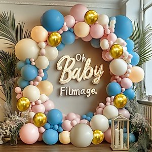Gender Reveal Balloon Arch Kit, Dusty Blue Pink Nude Sand White Metallic Gold Balloons for Boy Baby Shower Bridal Shower Father's Day Graduation Wedding Birthday Party Decorations