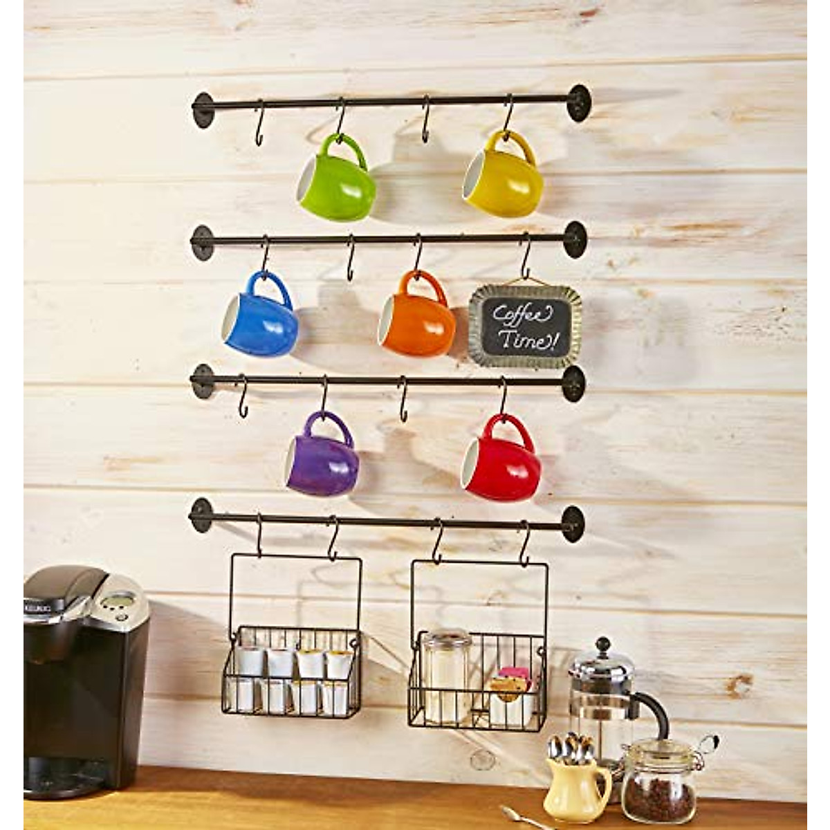 The Lakeside Collection Wall Rack for Coffee Mugs, Tea Cups with Industrial Pipe Style - 6 Pieces