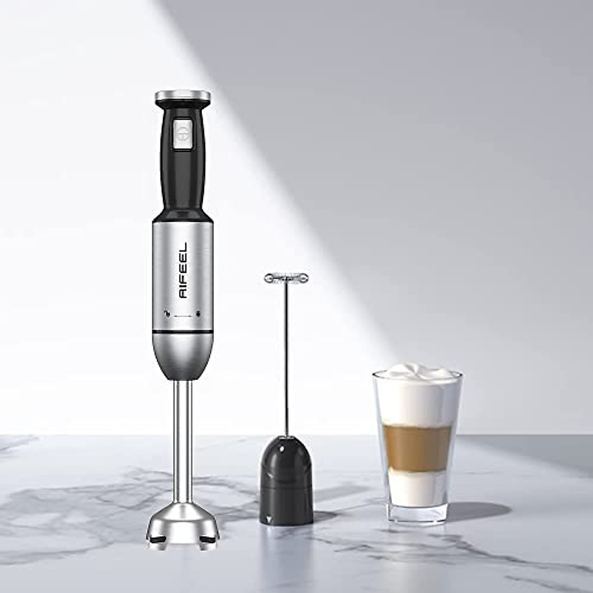 AIFEEL Immersion Hand Blender,Handheld Stick Blender with Ice Chopper,Stainless Steel Whisk and Milk Frother for Smoothie, Baby Food, Sauces,Puree, Soup,Milk coffee