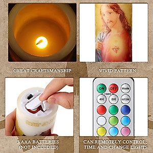 Landhoow 2 Pcs Religious Flameless LED Prayer Candle Real Wax Baptism Candle Set Immaculate Heart of Mary and Sacred Heart of Jesus Battery Operated Candles with Remote Control
