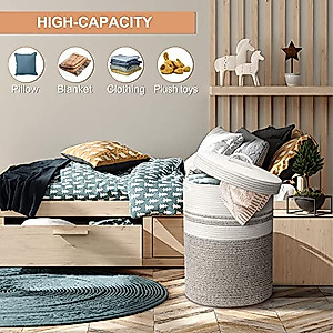 Goodheim Laundry Hamper with Lid, Large Woven Laundry Basket，Blanket and Toy Storage Basket for Living Room, Bedroom, Bathroom, Nursery（Brown and White，55L）