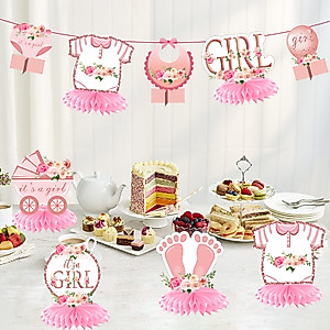 Aodocuto 12Pcs Pink Rose Gold Baby Shower Decorations Honeycomb Centerpieces for Girls, Floral It's a Girl Gender Reveal Table Centerpiece Party Supplies, Baby Girl Pregnancy Announcement Table Topper