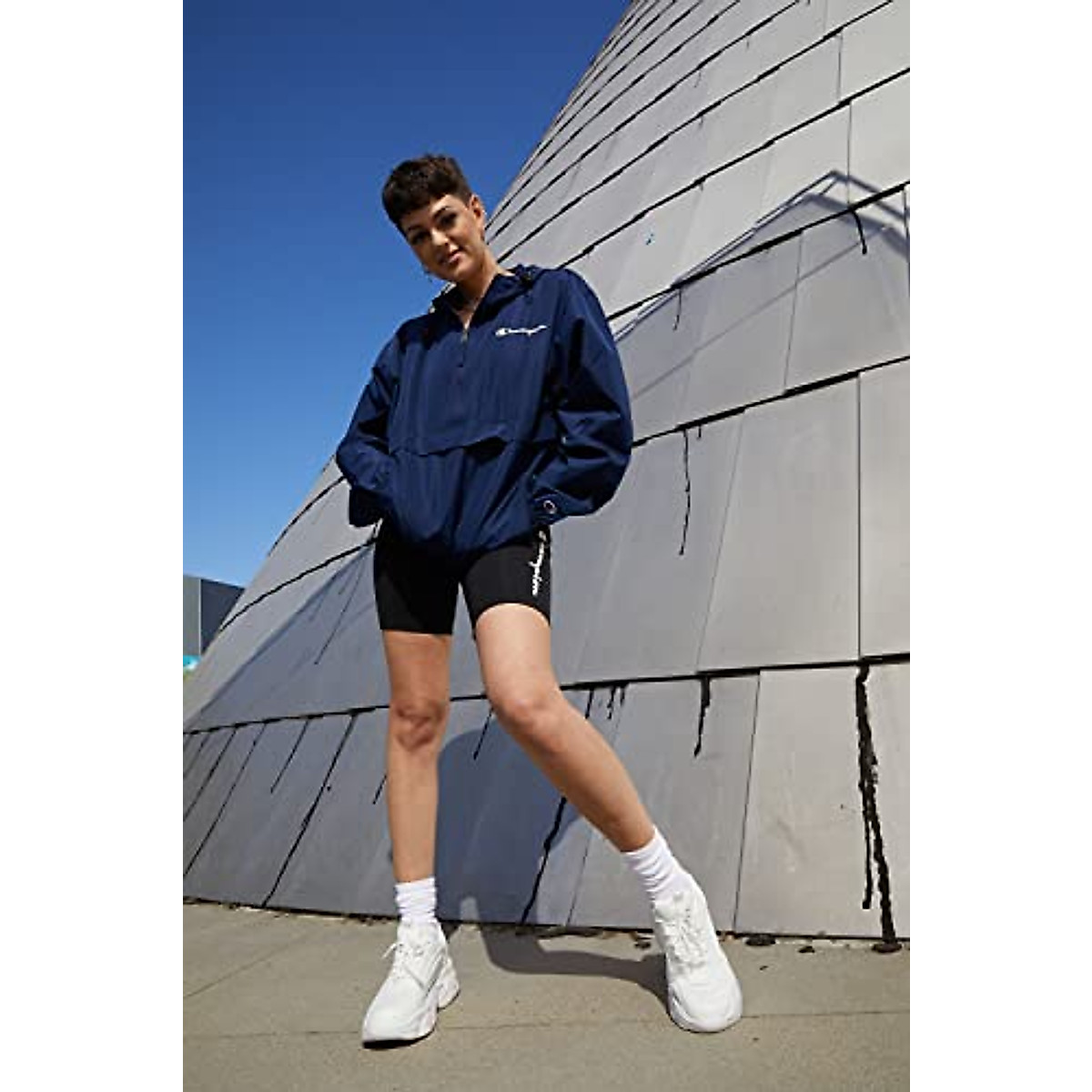 Champion Windbreaker, Packable, Wind and Water-Resistant Jacket for Women, Black Small Script, Medium