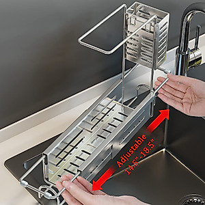 ParkNbuy Expandable Kitchen Sink Caddy Sponge Holder,Stainless Steel Telescopic Sink Storage Rack,Over Sink Adjustable Sponge Holder for Kitchen Sink with Dishcloth Towel Rack,Black