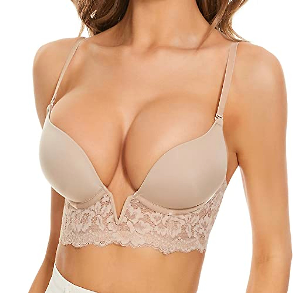 Women's Plunge Deep V Low Cut Lace Push Up Bra Underwire Convertible Low Back Bra Khaki