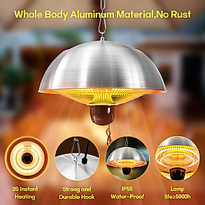 Infrared Hanging Patio Heater - 600/900/1500W Outdoor Electric Heater with 3 Heat Levels, Fast Heating for Large Areas, IP55 Waterproof, Ideal for Patios, Garages, and More