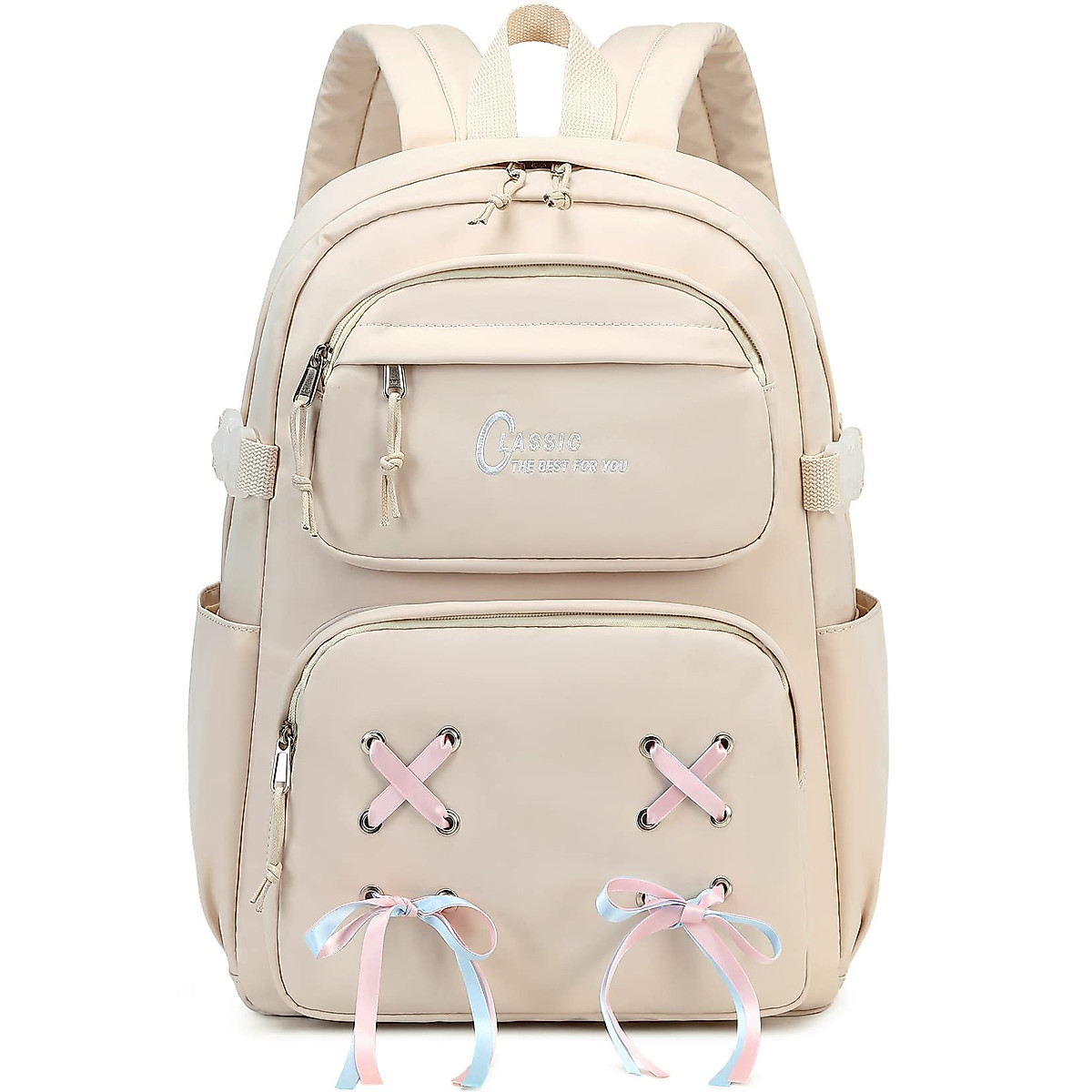 El-fmly Fashion Travel Backpack with Cute Ribbon for Teen Girl Boy School Bookbag with USB Charging Port & Headphone Jack (Black)