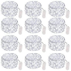 ACVCY 12 Pack Fairy Lights Battery Operated,7 ft 20 LED Waterproof Silver Wire Fairy Lights,Battery Operated String Lights,Fairy Lights for Bedroom,Wedding,Christmas Decor（White）