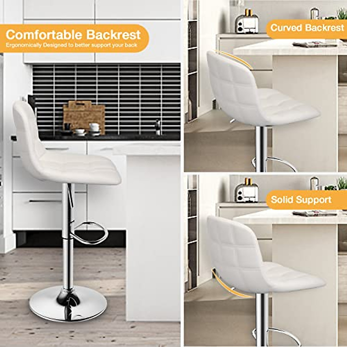 ErgoDesign Bar Stools Set of 2, Adjustable Barstools with Back, Swivel Bar Chairs (White)