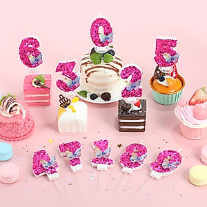 IDIJOLI Butterfly Number 4 Candles Glitter Hot Pink Birthday Candles for Cake Topper with Sequins for Anniversary Celebrations Supplies (Number 4)