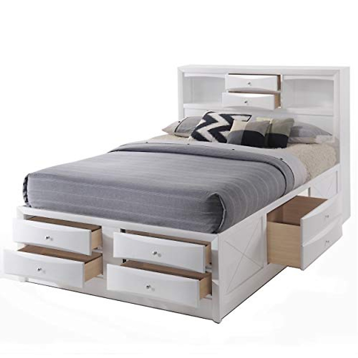 HABITRIO Queen Bed with Storage, Solid Wood Queen Size Bed Frame with Headboard (2 Bookcase, 2 Drawers), Footboard (4 Drawers), Rail with 2 Drawers, Wooden Slat, No Box Spring Needed, White