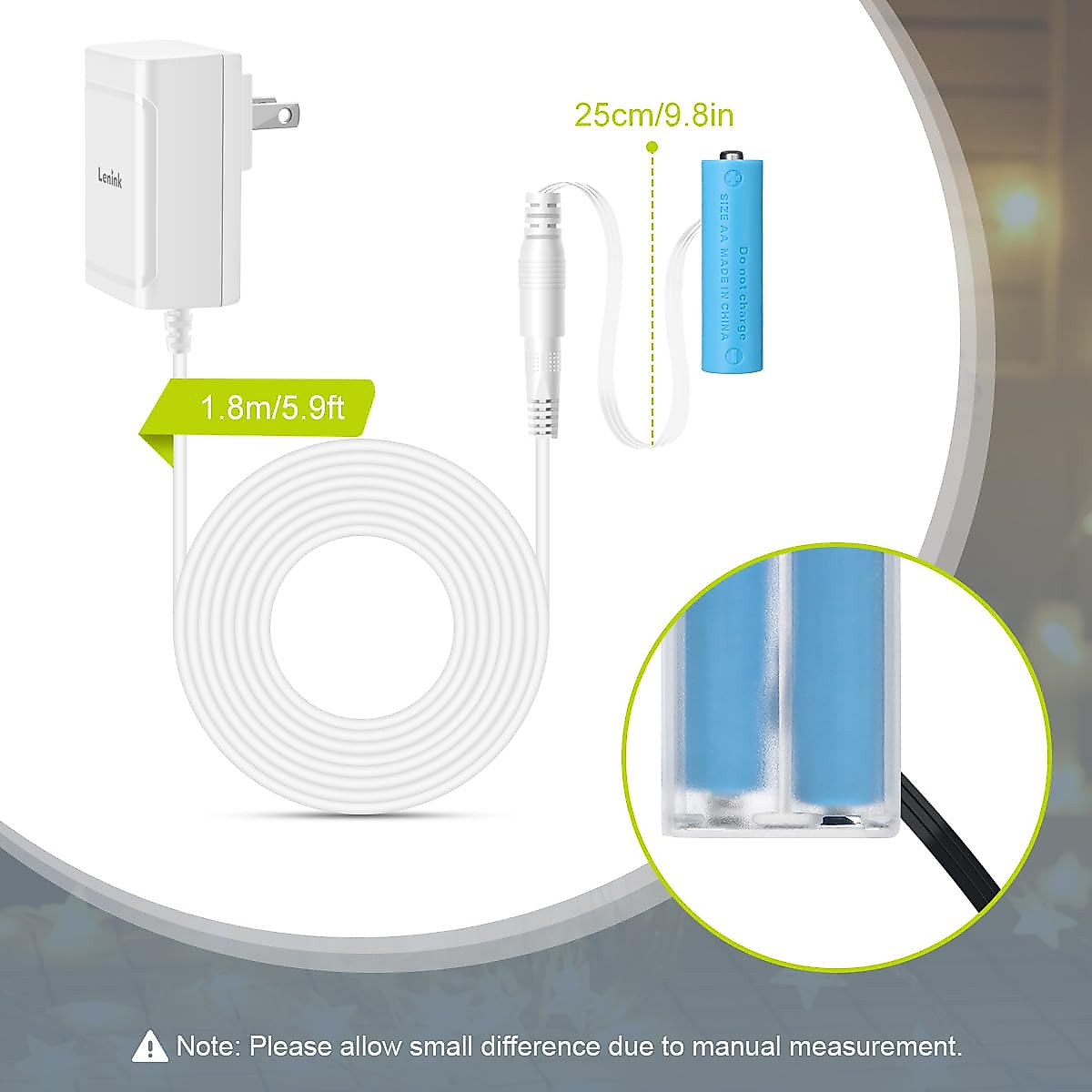 Lenink AC Power Supply Adapter for AA Battery, Replace 2 AA Battery for Led Lights, Decorations (White, 1.8m/5.9ft)