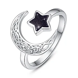 Dreamboat Sterling Silver Moon and Star Rings for Women Blue Sandstone Ring Witchy Ring Crescent Moon Ring Celestial Galaxy Ring Star Jewelry Gifts Adjustable Open Ring 7 8 9