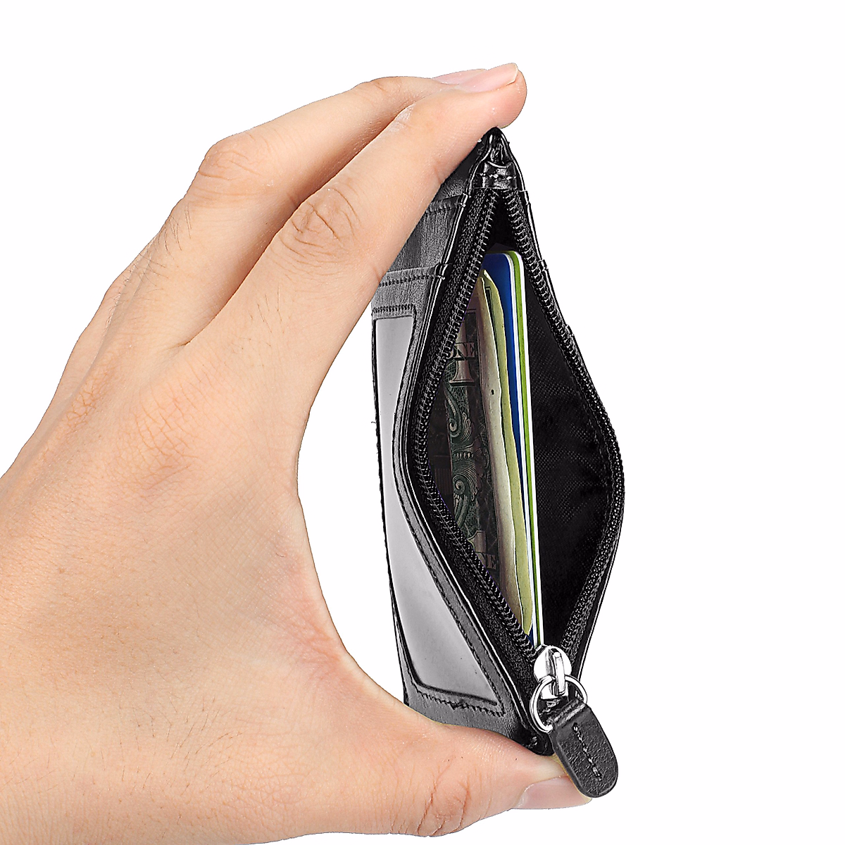 Badge Holder with Zipper, Wisdompro School Supply 2-Sided PU Leather College ID Badge Holder with 1 ID Window, 4 Card Holder Slots, 1 Side Pocket and 20 Inch Leather Neck Strap Lanyard -Vertical Black