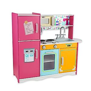 WoodenEdu Kitchen Playset for Kids Ages 3-8, Wooden Pretend Play Kitchen, Including Telephone, Ice Maker, Refrigerator, Dimensions: 35” H x 31” W x 12” D (Colorful)