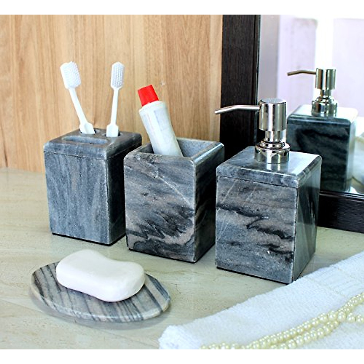 KLEO - Bathroom Accessory Set Made from Natural Stone - Bath Accessories Set of 4 Includes Soap Dispenser, Toothbrush Holder, Tumbler and Soap Dish (Grey)