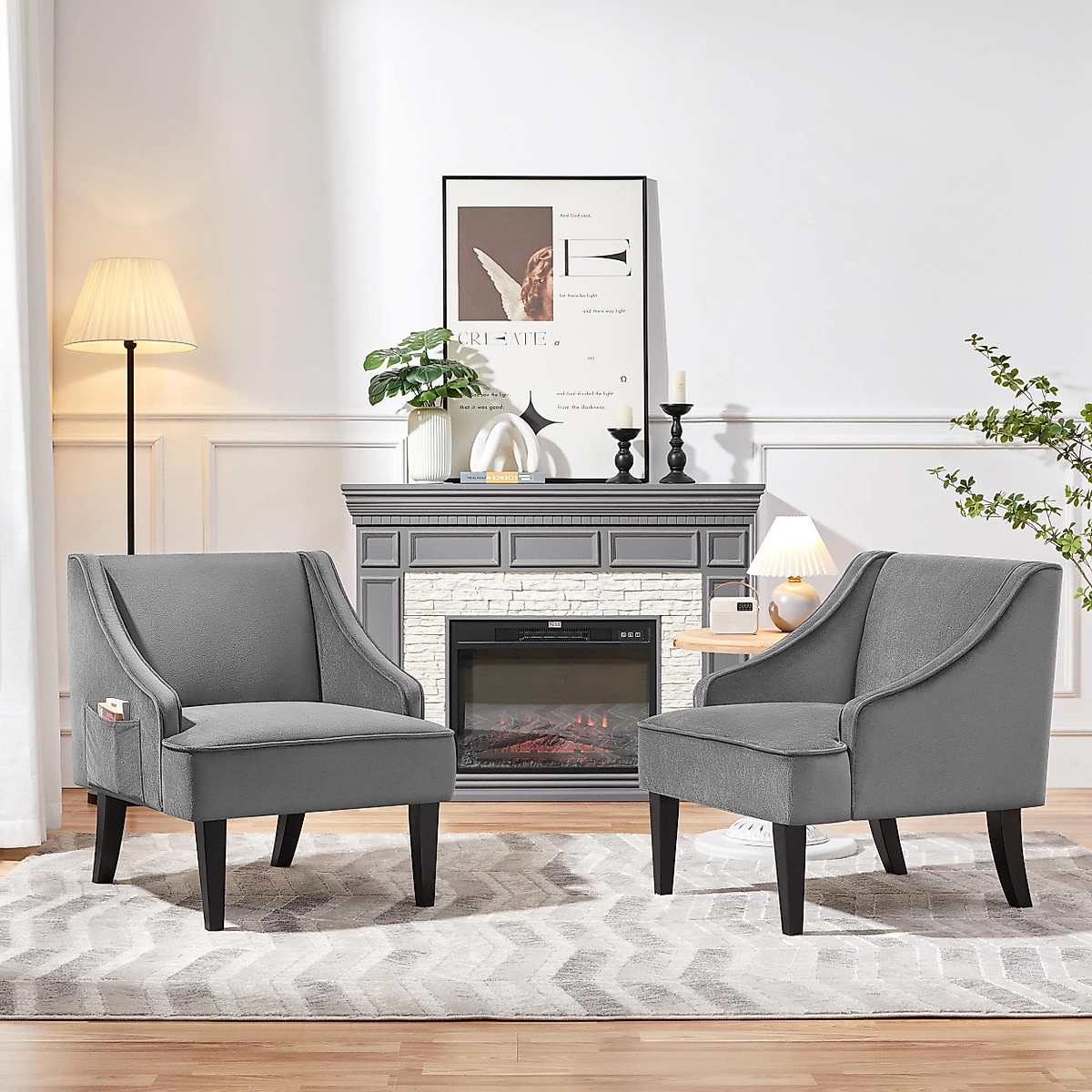 Yaheetech Accent Chairs Set of 2, Gray Barrel Chair with Storage Pocket, Retro Armchair with Rubberwood Legs for Bedroom Home Office, Gray